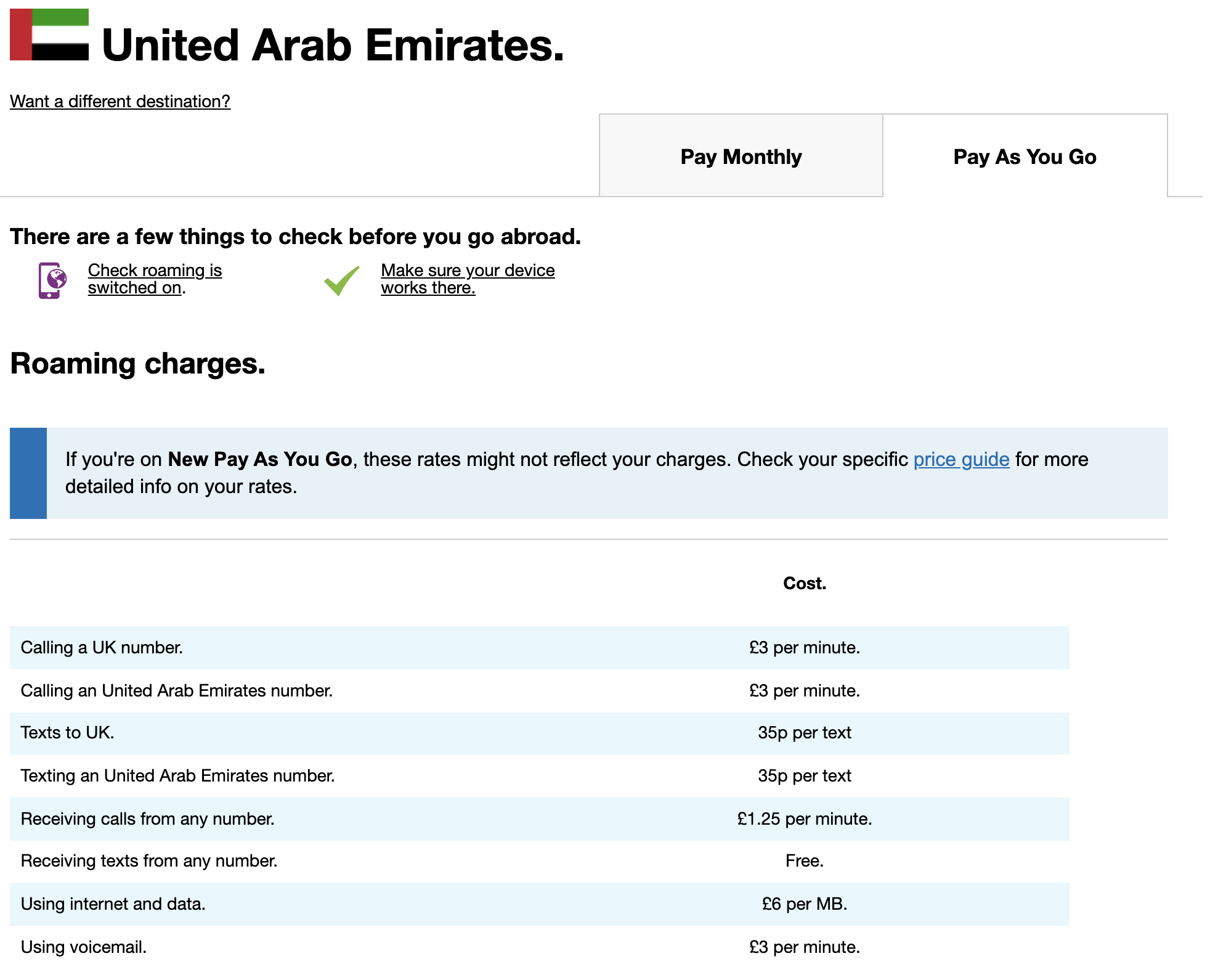 Roaming charges for UK travelers when visiting Dubai